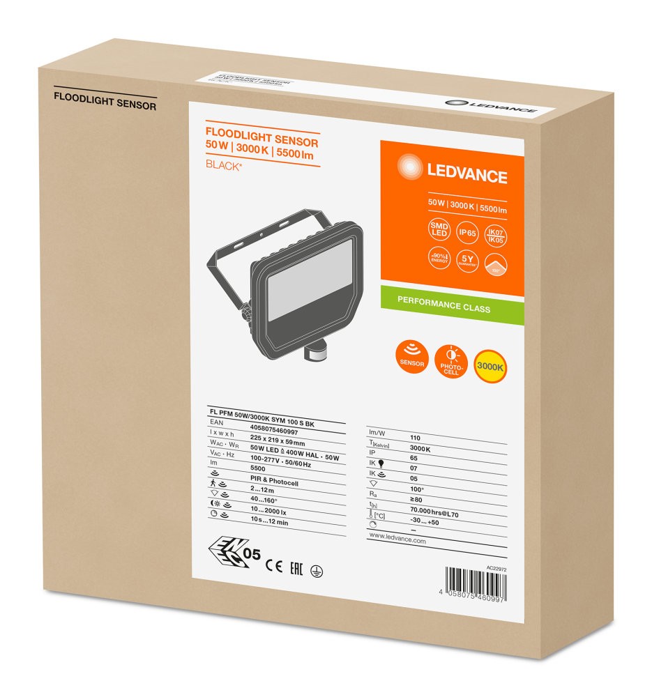 Osram LEDVANCE Floodlight, GEN3 50W, 3000K, 5500lm, BLACK, PIR SENSOR